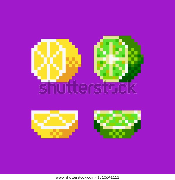 Lemon and lime in cut pixel art icon, fruit logo. Game assets 8-bit ...