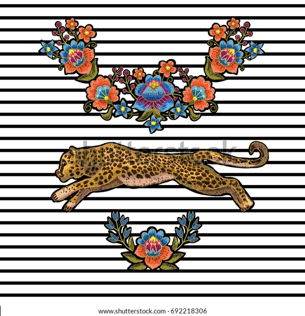 Leopard Flowers Vector Embroidery Patches Textile Stock Vector (Royalty ...