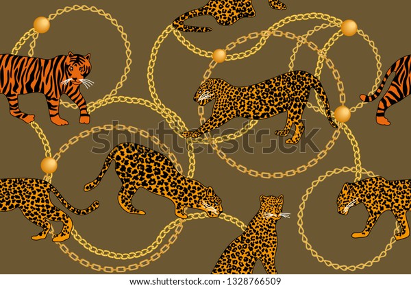 Leopards Tiger Golden Chains Seamless Vector Stock Vector (Royalty Free ...