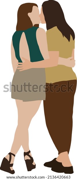 Lesbian Couple Kissing Hugging Full Length เวกเตอร์สต็อก ปลอดค่าลิขสิทธิ์ 2136420663