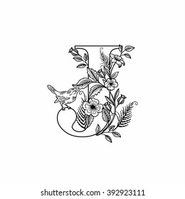 Letter J Flowers Bird Linear Figure Stock Vector (Royalty Free ...