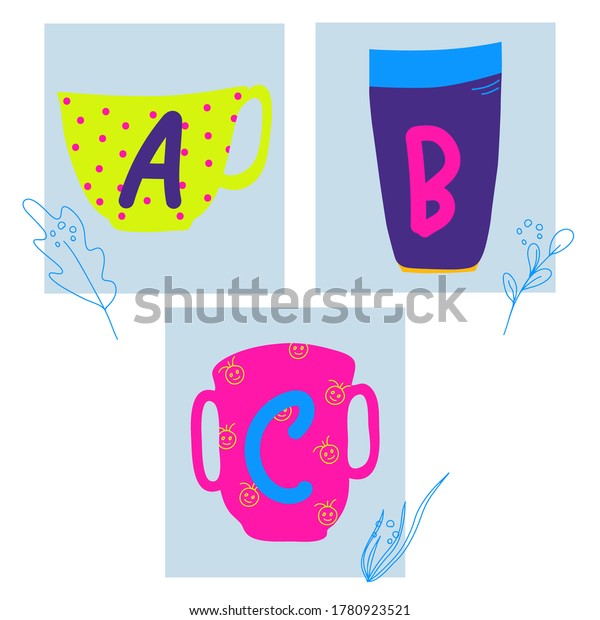 Letters Abc On Cups Cartoon Quirky Stock Vector (Royalty Free ...