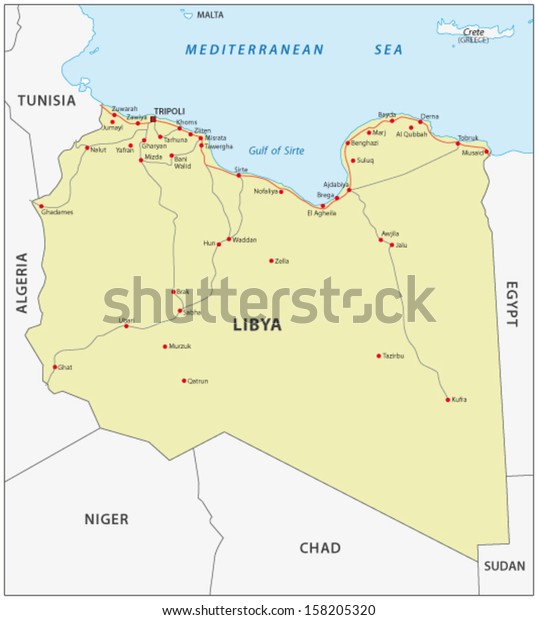 Libya Road Map Stock Vector (Royalty Free) 158205320 | Shutterstock