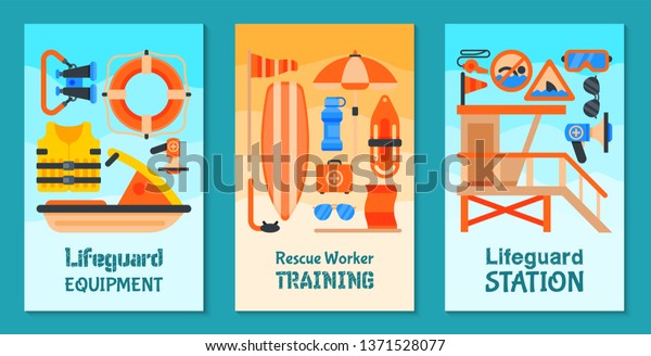 Lifeguard Equipment Set Cards Vector Illustration Stock Vector (Royalty ...