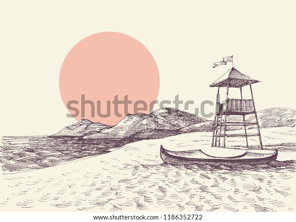 Lifeguard tower on the beach drawing