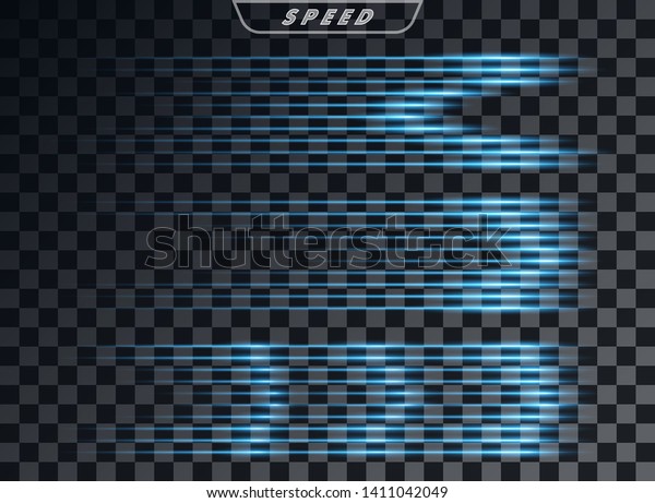 Light horizontal blue, transparent speed lines effect, on black ...