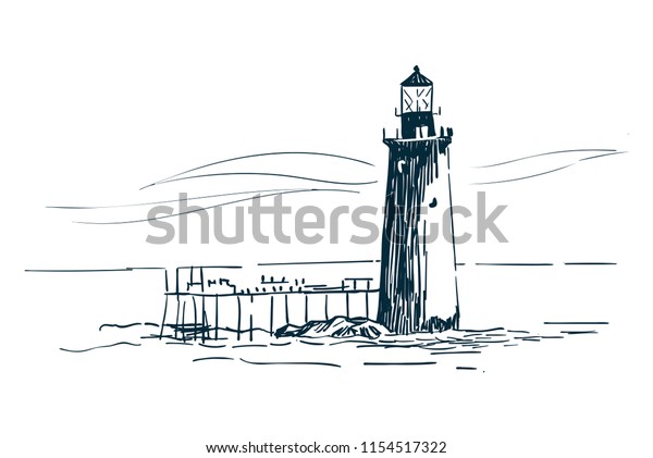 Lighthouse Vector Sketch Landscape Line Illustration Stock Vector ...