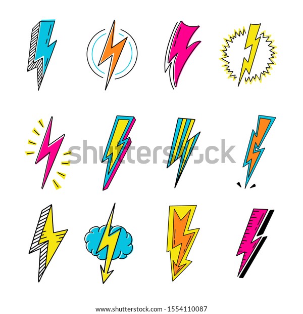 Lightnings color cartoon retro vector illustrations set. Pop art ...