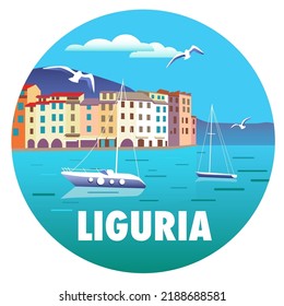 Liguria Round Vector Illustration Seascape Boats Stock Vector (Royalty ...