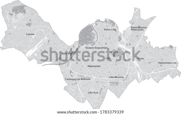 Lille City Map District Names French Stock Vector (Royalty Free) 1783379339