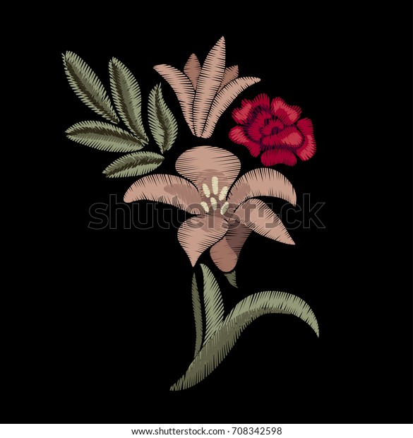 Lily Roses Embroidered Flowers Vector Floral 스톡 벡터(로열티 프리) 708342598