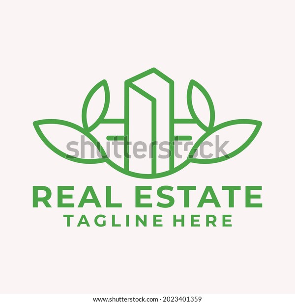 Line Art Green Leaf Building Logo Stock Vector (Royalty Free ...