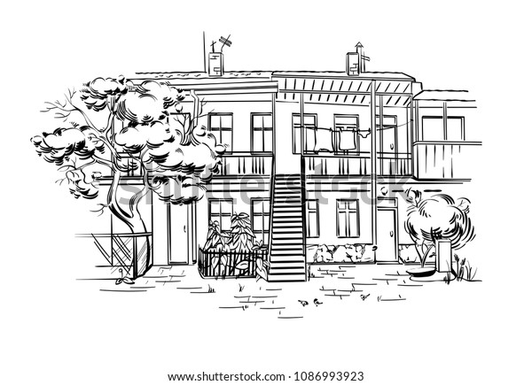 Line Art Vector Illustration Old Courtyard Stock Vector (Royalty Free ...