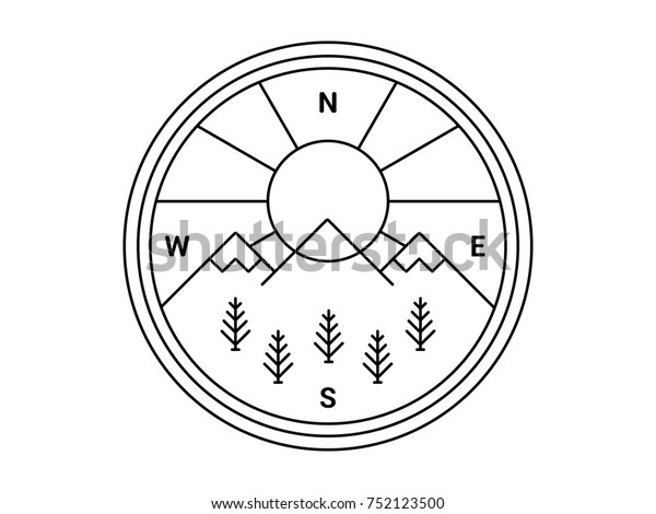 Line Drawing Compass Landscape Mountains Forests Stock Vector (Royalty ...