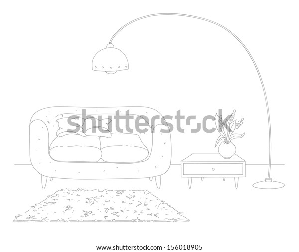 Line drawing of living room interior. Retro style. EPS 10. No ...