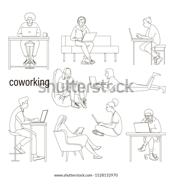 Line Drawing People Outside Office Coworking 스톡 벡터(로열티 프리) 1528132970 ...
