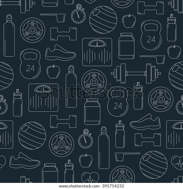 Line fitness seamless pattern; vector illustration with sport and gym ...