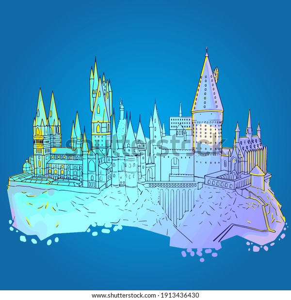 Line Hogwarts Castle Vector Illustration School 库存矢量图（免版税）1913436430 ...