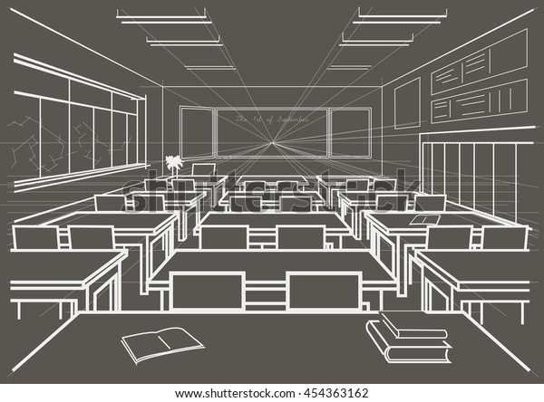 Linear Architectural Sketch Interior School Classroom Stock Vector ...