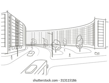 Linear Architectural Sketch Street Square Stock Vector (Royalty Free ...