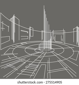 Linear Architectural Sketch Town Square On Stock Vector (Royalty Free ...