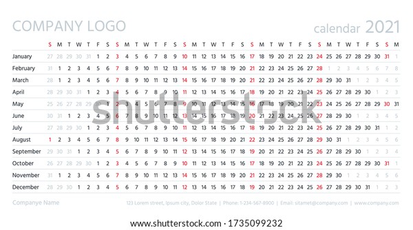 Linear Calendar 2021 Year Vector Template: เวกเตอร์สต็อก (ปลอดค่า ...