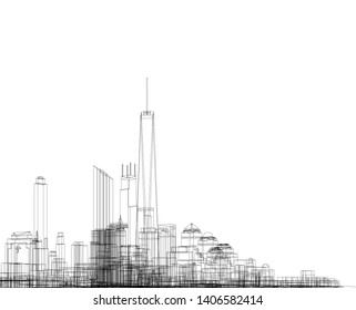 Linear City Buildings Vector 3d Illustration Stock Vector (Royalty Free ...