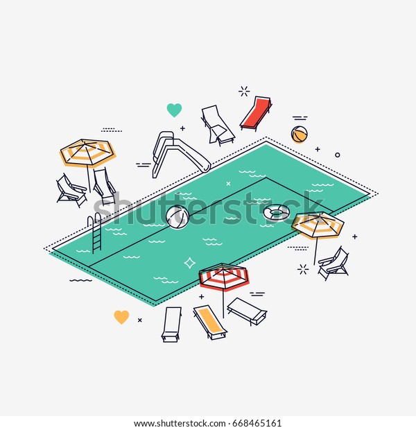 Linear Isometric Swimming Pool Chaise Lounges Stock Vector (Royalty ...