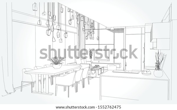Linear Sketch Interior Sketch Line Living Stock Vector (Royalty Free ...