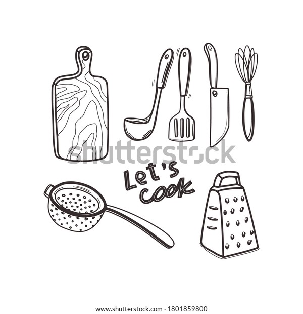 Linear Sketch Kitchen Utensils Colander Cutting Stock Vector (Royalty ...