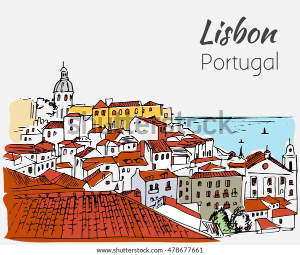 Lisbon Cityscape Hand Drawn Sketch Isolated Stock Vector (Royalty Free ...