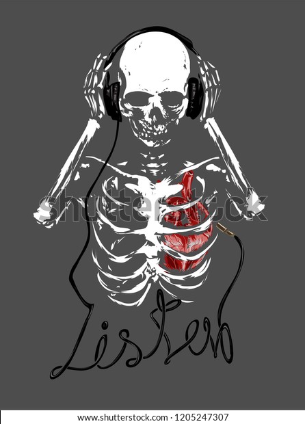 Listen Slogan Skeleton On Headphone Illustration Stock Vector (Royalty ...