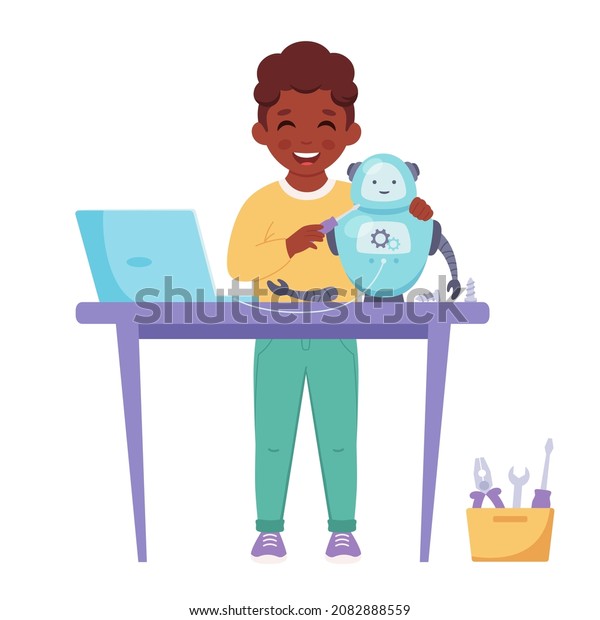 Little Black Boy Creating Robot Robotics Stock Vector (Royalty Free ...
