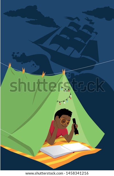 Little Black Kid Reading Flashlight Sheet Stock Vector (Royalty Free ...