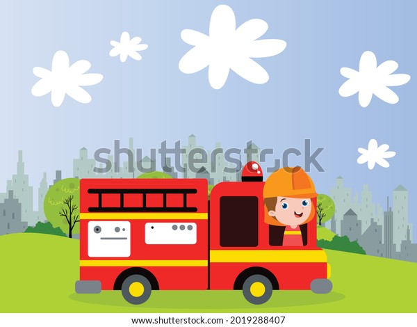 Little Boy Cartoon Character Driving Firefighter Stock Vector (Royalty ...