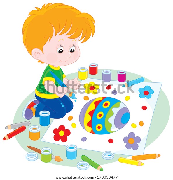 Little Boy Drawing Colorfully Decorated Easter Stock Vector (Royalty ...