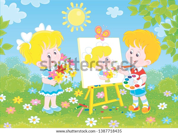 Little Boy Drawing Portrait Cute Smiling Stock Vector (Royalty Free ...
