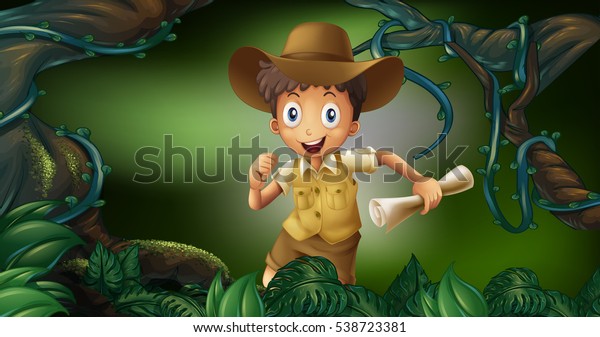 Little Boy Holding Map Woods Illustration Stock Vector (Royalty Free ...