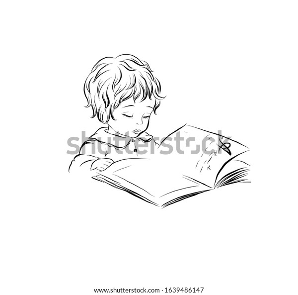 Little Boy Reading Book Drawing Coloring Stock Vector (Royalty Free ...