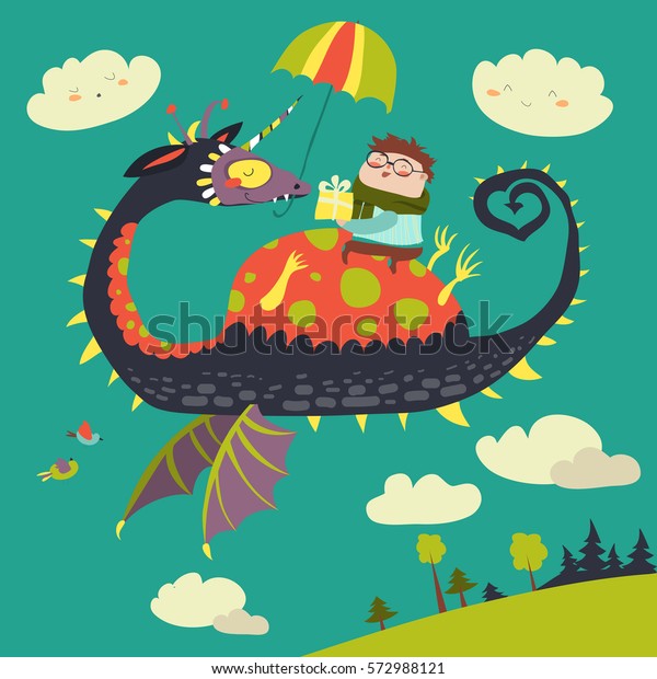 Little Boy Sitting On Dragon Stock Vector (Royalty Free) 572988121 ...