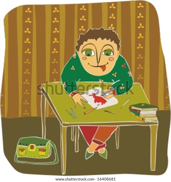 Little Boy Sitting Table Drawing Colour Stock Vector (Royalty Free ...