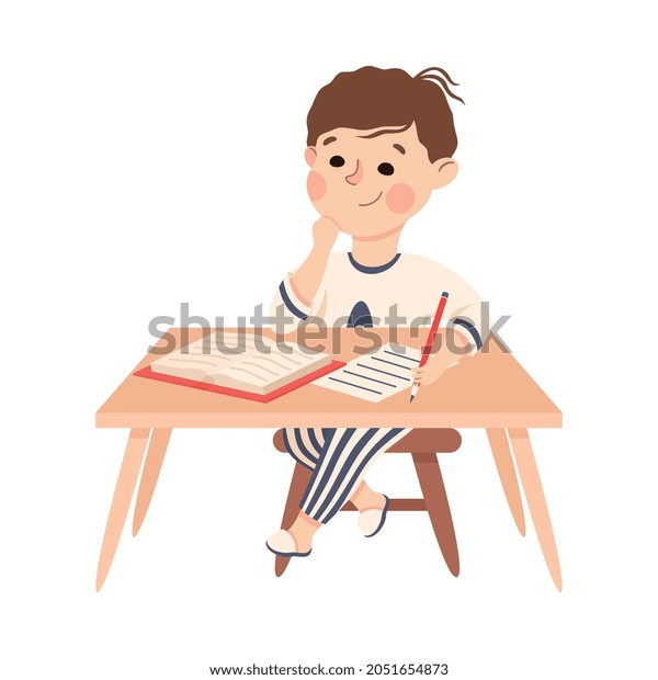 Little Boy Table Doing Homework Engaged Stock Vector (Royalty Free ...