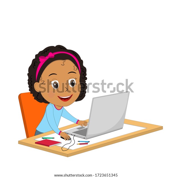 Little Cartoon Girl Using Computerillustrationvector Stock Vector ...