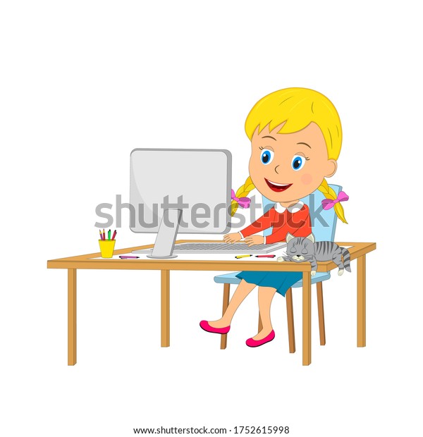 Little Cartoon Girl Using Computerillustrationvector Stock Vector ...