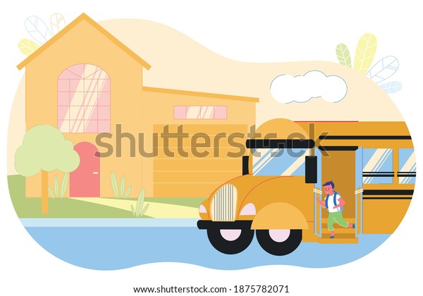 Little Child Getting off School Bus at his House Flat Cartoon Vector ...