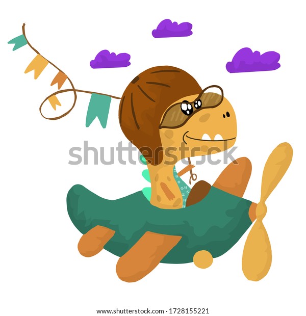 Little Cute Dinosaur Pilot Flies On Stock Vector (Royalty Free ...