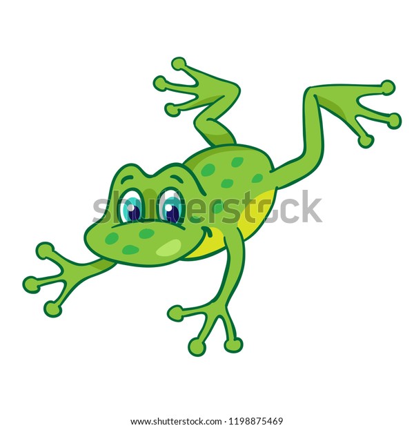 Little funny cartoon frog is jumping. Isolated on a white background ...