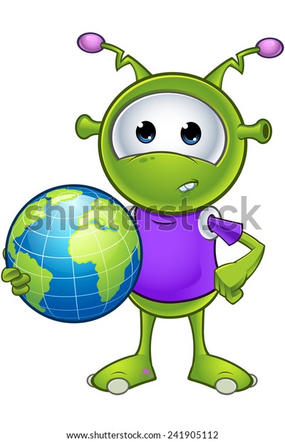Little Green Alien Holding Globe Stock Vector (Royalty Free) 241905112