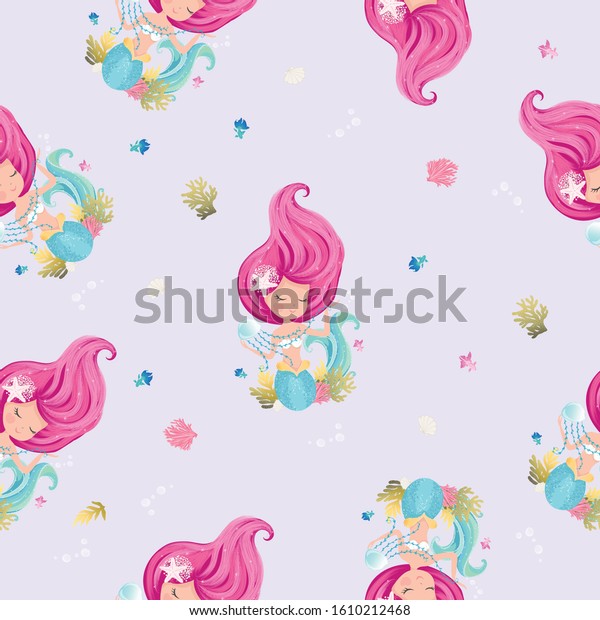 Little Pink Mermaid Seamless Pattern Design 库存矢量图（免版税）1610212468 ...
