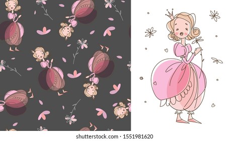 Little Princess Seamless Pattern Princesses Flowers Stock Vector ...